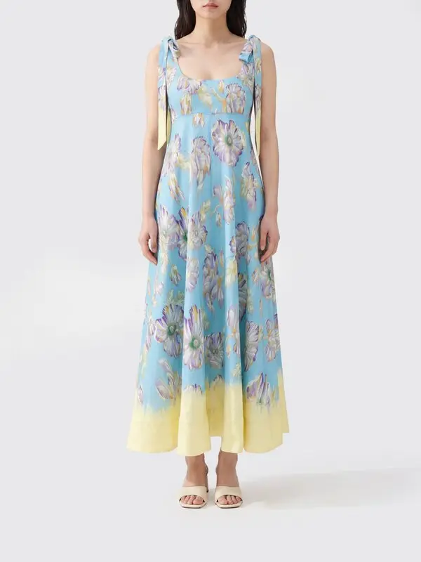ALEMAIS Floral Print Linen Long Dress With Tie Shoulders - Multicolor
