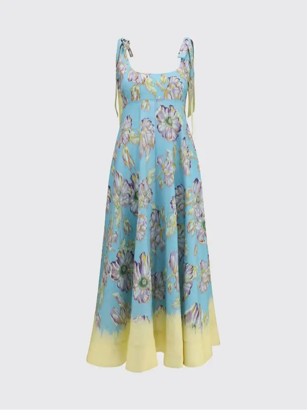 ALEMAIS Floral Print Linen Long Dress With Tie Shoulders