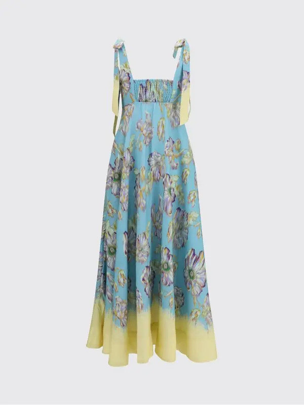 ALEMAIS Floral Print Linen Long Dress With Tie Shoulders