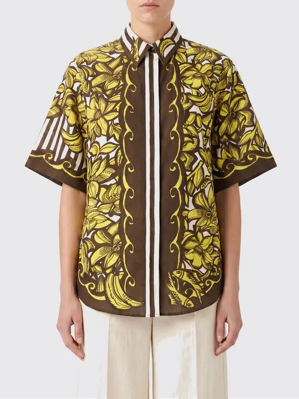 ALEMAIS Floral Print Short-sleeve Hemp Shirt - Yellow