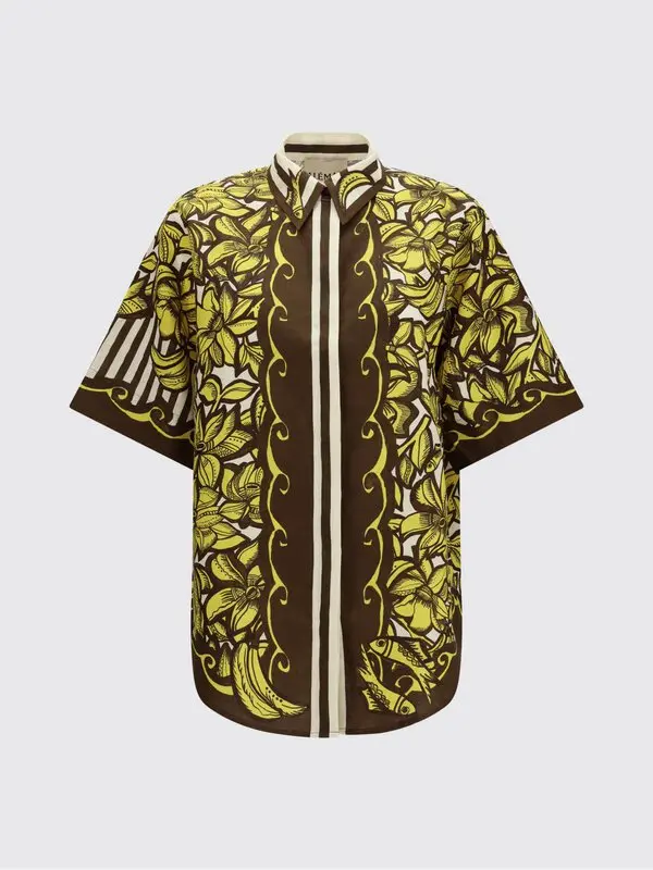 ALEMAIS Floral Print Short-sleeve Hemp Shirt - Yellow