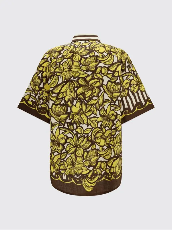 ALEMAIS Floral Print Short-sleeve Hemp Shirt - Yellow