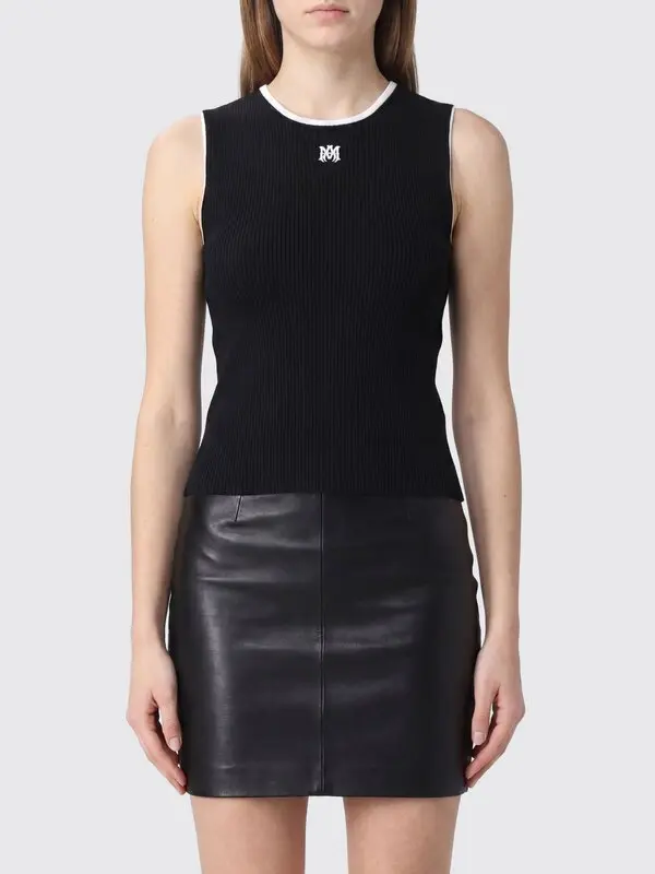 Amiri Slim Fit Ribbed Knit Sleeveless Top With Embroidered Monogram - Black