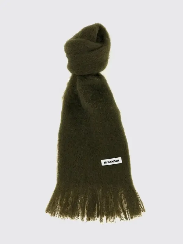 JIL SANDER Fringed Mohair Wool Blend Scarf With Applied Logo Patch - Green