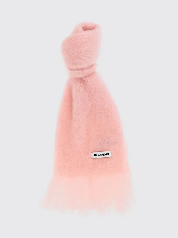 JIL SANDER Fringed Mohair Wool Blend Scarf With Applied Logo Patch - Pink