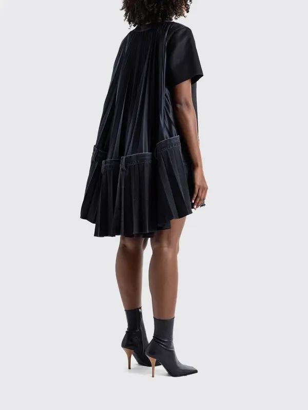 Sacai Flared Mini Dress In Denim And Silk With Asymmetrical Pleated Skirt