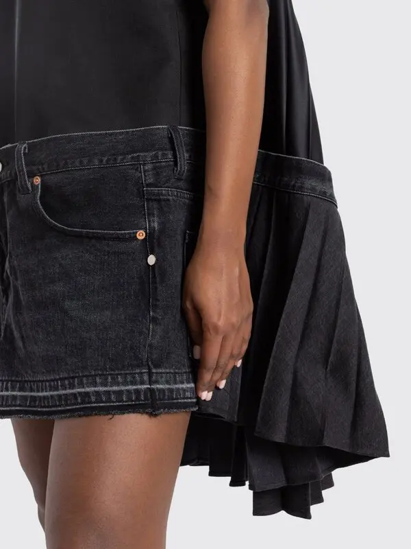 Sacai Flared Mini Dress In Denim And Silk With Asymmetrical Pleated Skirt