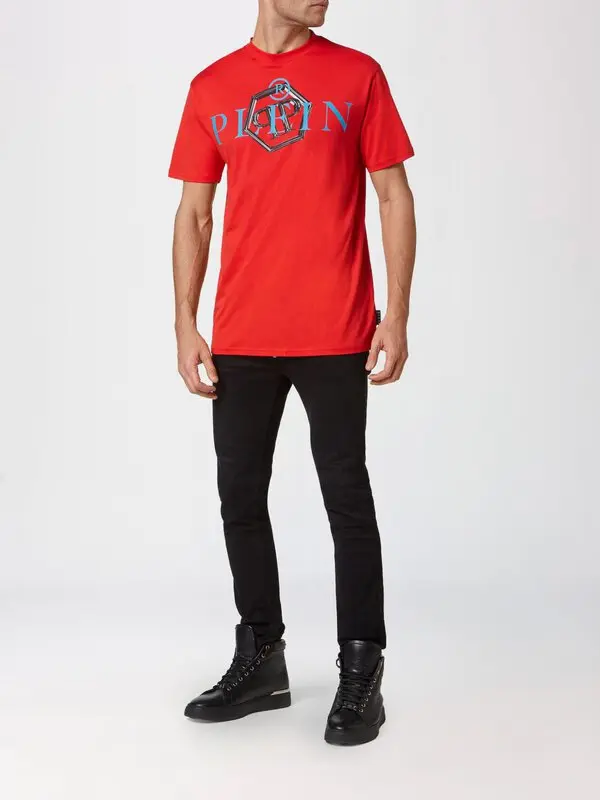 Philipp Plein Cotton T-shirt With Crew Neck And Contrasting Logo Print - Red