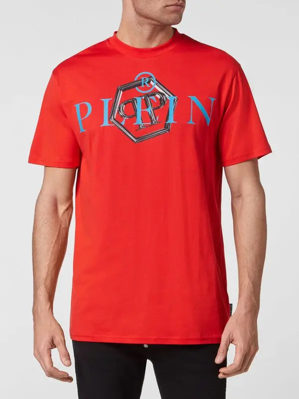 Philipp Plein Cotton T-shirt With Crew Neck And Contrasting Logo Print - Red