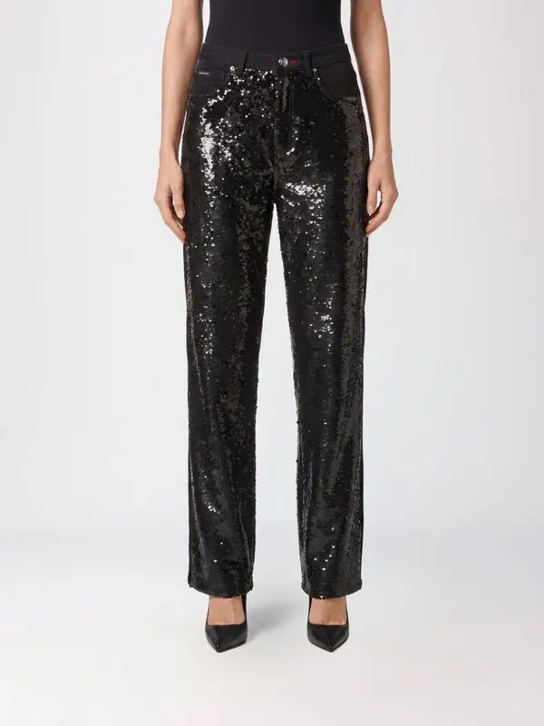 Philipp Plein Mid-rise Straight Leg Trousers With Sequin Embroidery - Black