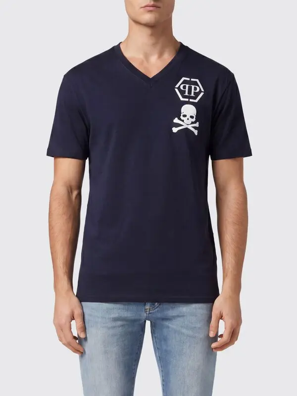 Philipp Plein V-neck Cotton T-shirt With Monogram Logo - Blue
