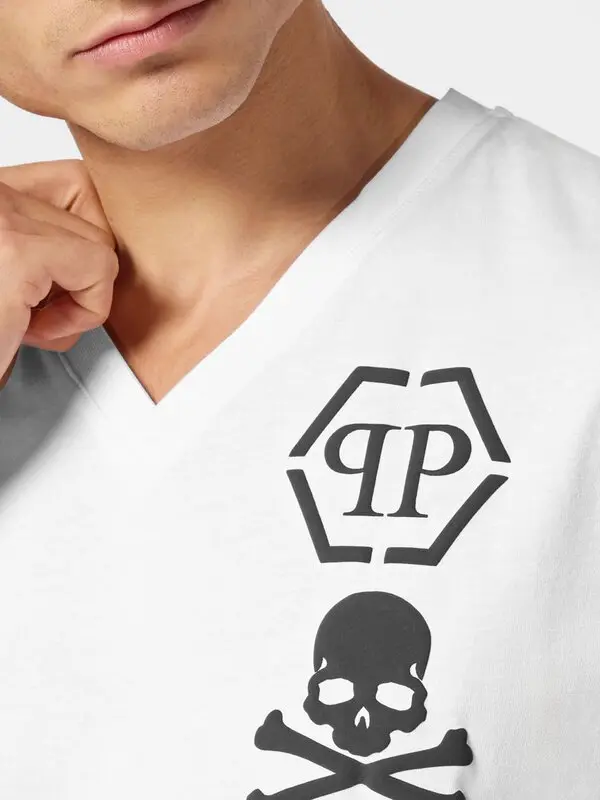 Philipp Plein V-neck Cotton T-shirt With Monogram Logo - White