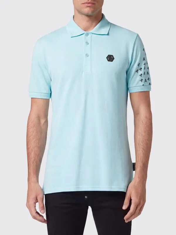 Philipp Plein Cotton Polo Shirt With Skull Monogram Print And Hexagon Logo - Turquoise