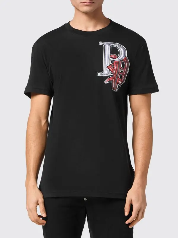Philipp Plein Cotton T-shirt With Graphic Print And Contrast Back Logo - Black