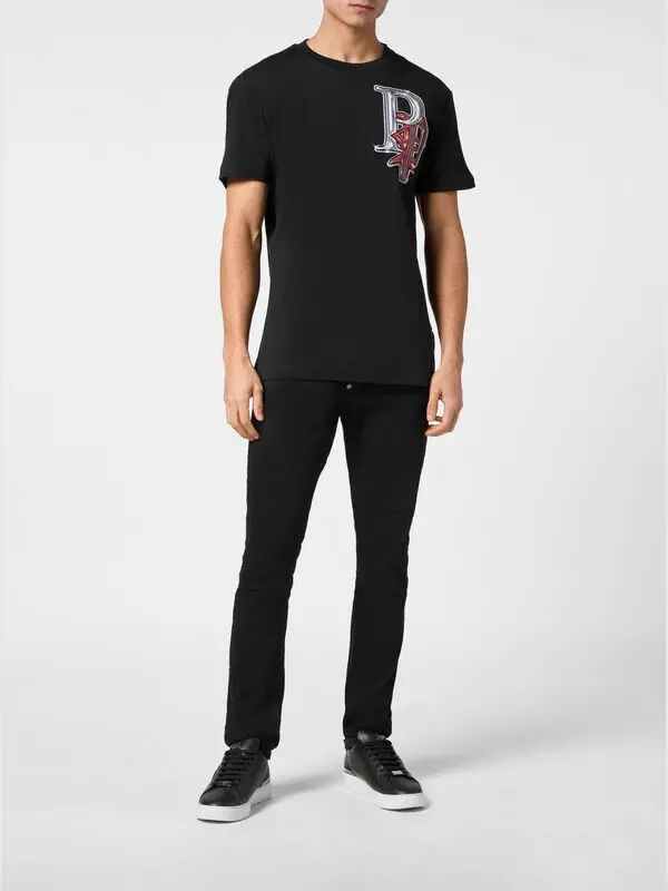 Philipp Plein Cotton T-shirt With Graphic Print And Contrast Back Logo - Black
