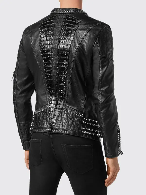 Philipp Plein Slim Fit Studded Calfskin Biker Jacket