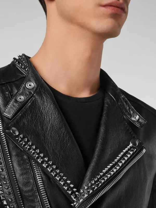 Philipp Plein Slim Fit Studded Calfskin Biker Jacket