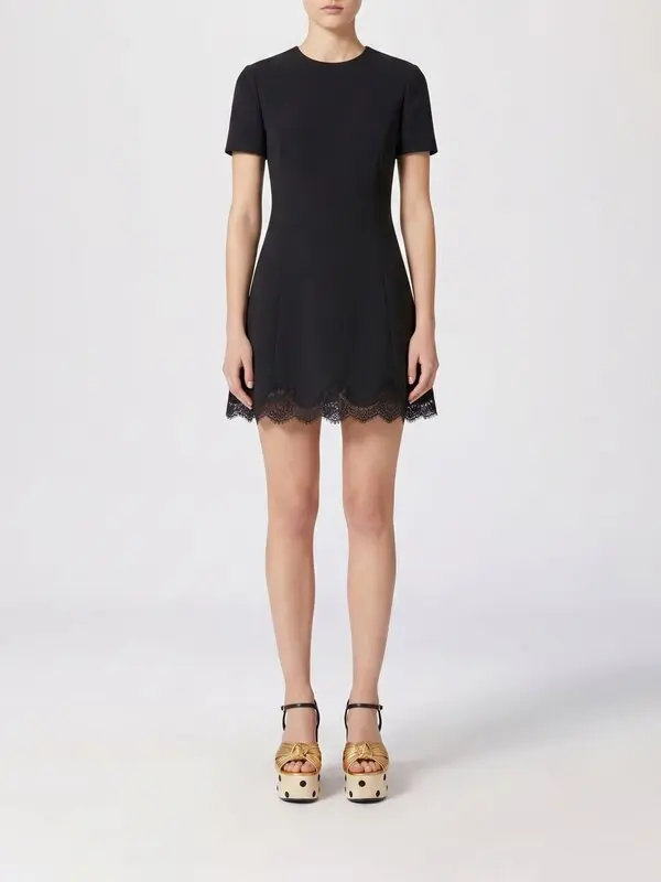 Valentino Garavani Lace-insert Wool And Silk Mini Dress - Black