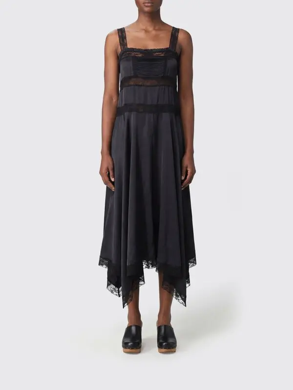 GANNI Asymmetrical Silk Midi Dress With Lace Inserts - Black