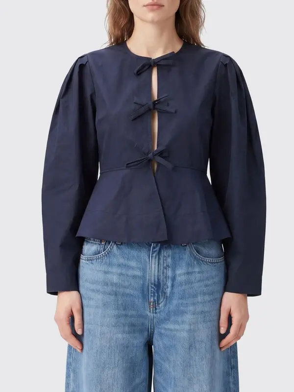 GANNI Cropped Cotton Jacket With Ruched Shoulders And Tie Fastening - Black