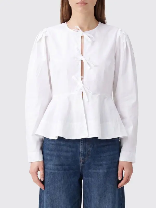 GANNI Cropped Cotton Jacket With Ruched Shoulders And Tie Fastening - White