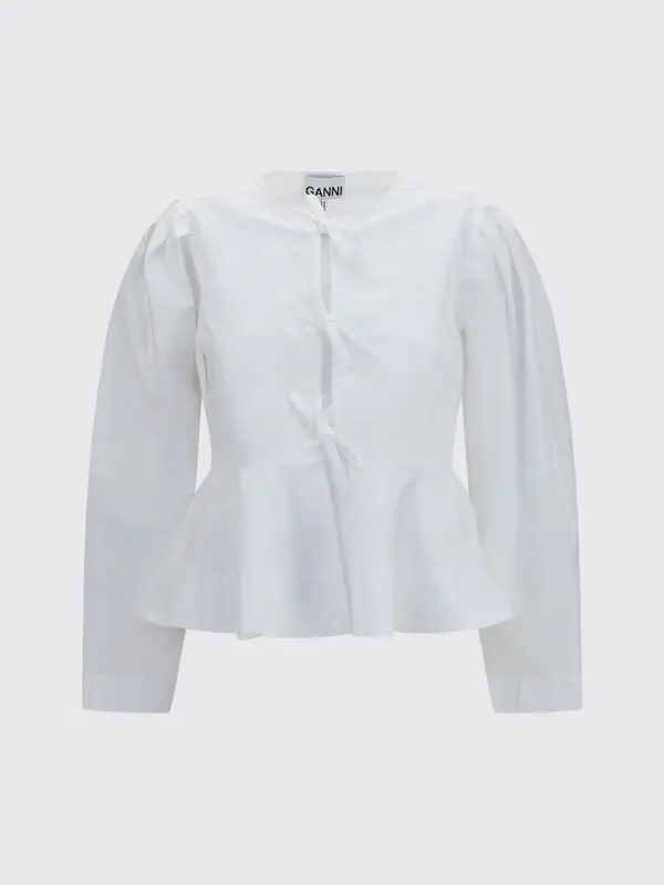 GANNI Cropped Cotton Jacket With Ruched Shoulders And Tie Fastening - White