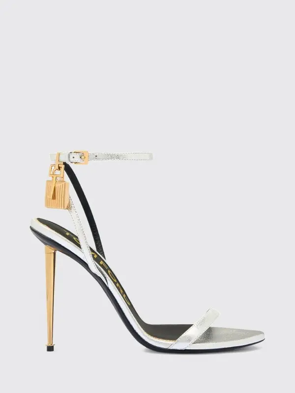 TOM FORD Padlock Laminated Leather Stiletto Sandals - Silver