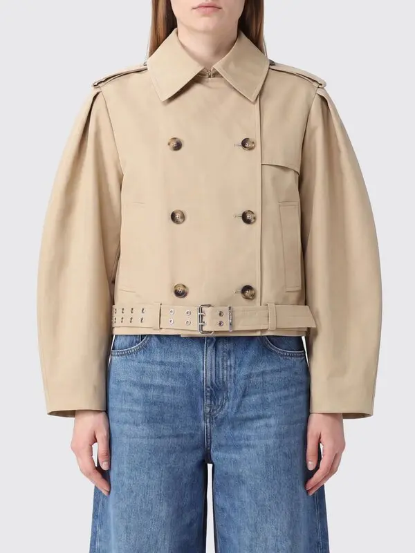 GANNI Cropped Double-breasted Cotton Trench Coat With Balloon Sleeves - Sand