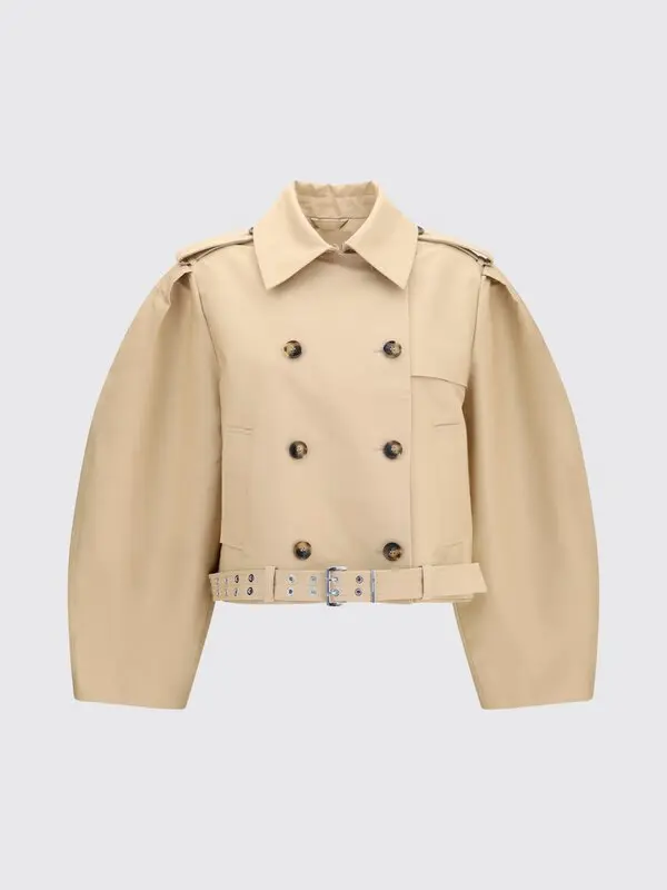 GANNI Cropped Double-breasted Cotton Trench Coat With Balloon Sleeves - Sand