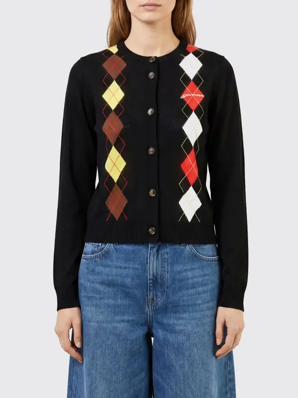 GANNI Slim Fit Argyle Cotton Cardigan - Black