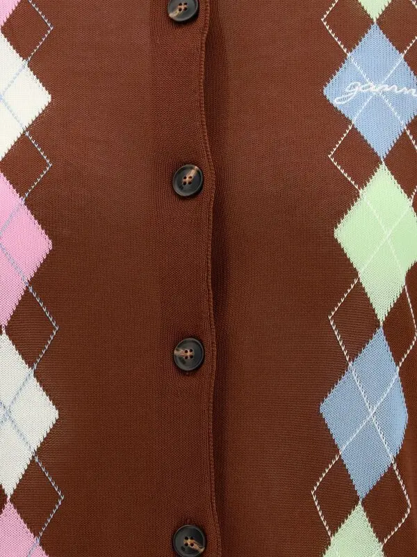 GANNI Slim Fit Argyle Cotton Cardigan - Brown