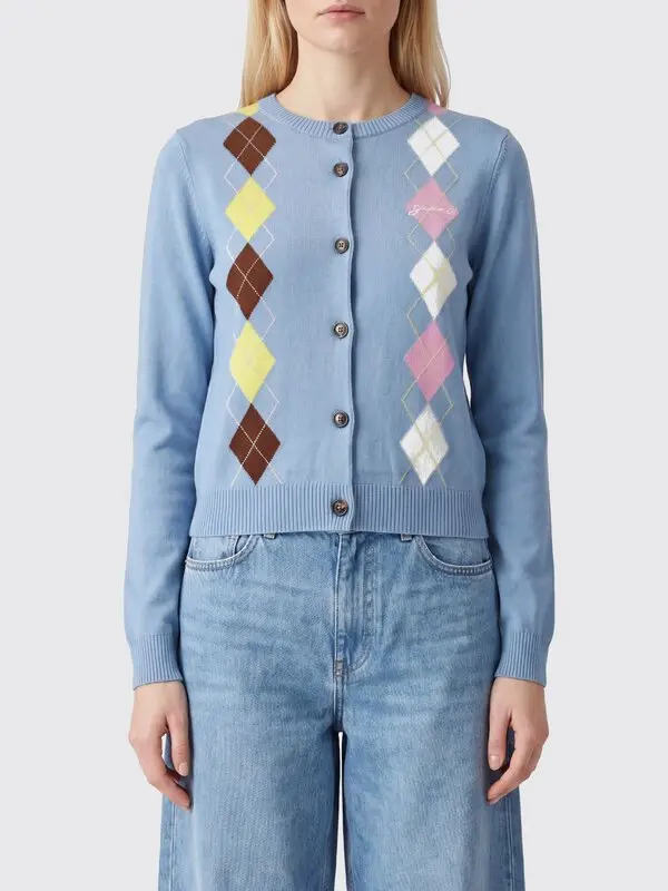 GANNI Slim Fit Argyle Cotton Cardigan - Gnawed Blue