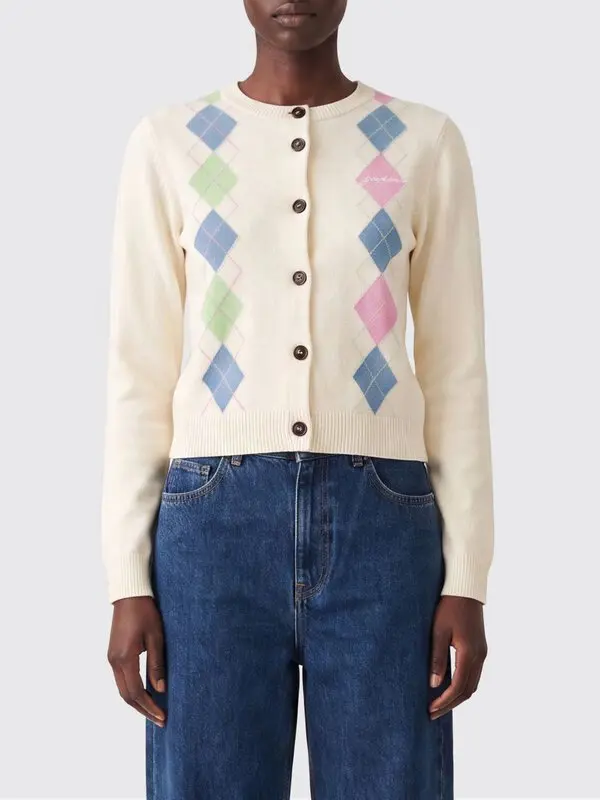 GANNI Slim Fit Argyle Cotton Cardigan - Yellow Cream