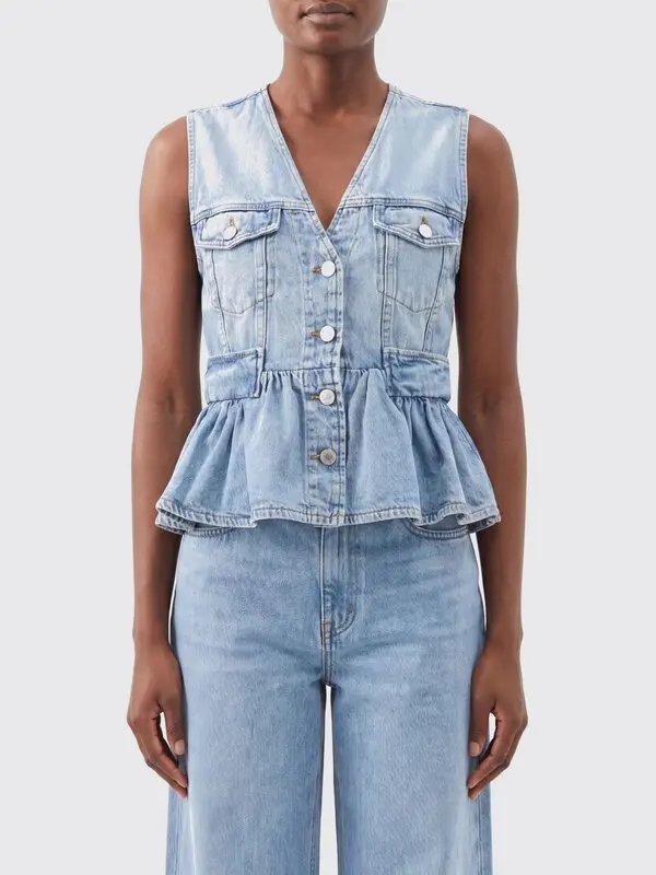 GANNI Slim Fit V-neck Denim Top With Flounces - Gnawed Blue