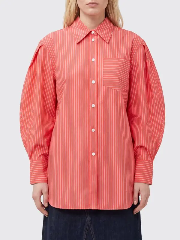 GANNI Striped Cotton Shirt With Balloon Sleeves - Red