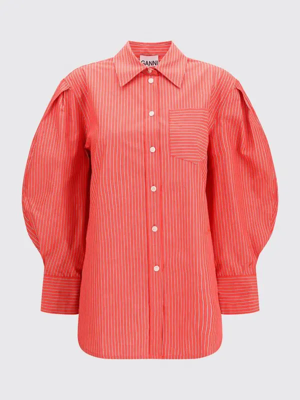 GANNI Striped Cotton Shirt With Balloon Sleeves - Red
