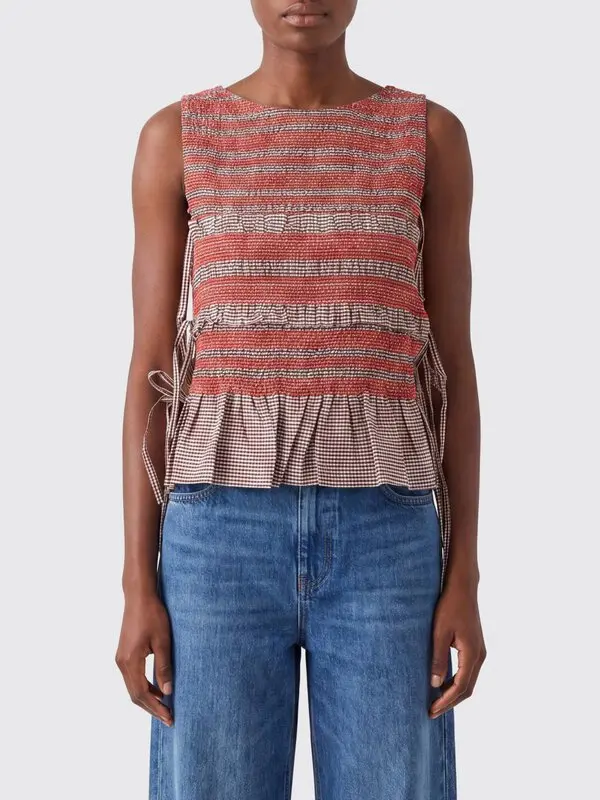 GANNI Sleeveless Striped Cotton Top With Tie Detail - Coffee