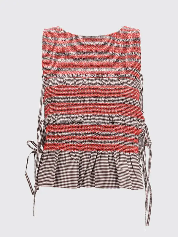 GANNI Sleeveless Striped Cotton Top With Tie Detail - Coffee
