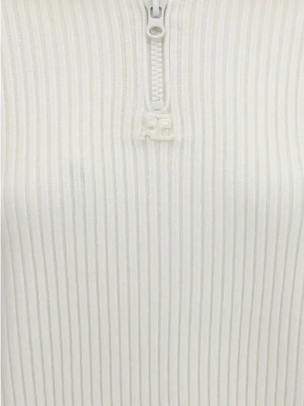 COURREGES Ribbed Turtleneck Jumper In Pure Merino Wool With Half-zip - White
