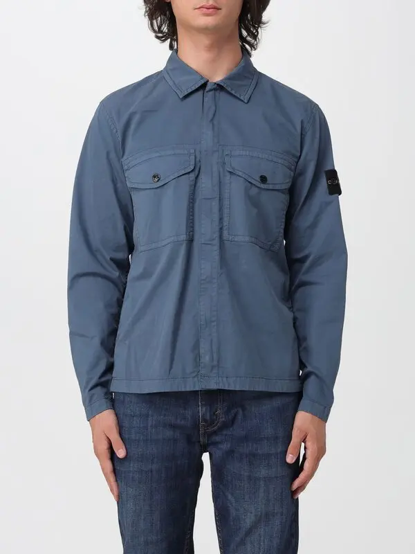 Stone Island Slim Fit Cotton Twill Shirt Jacket With Compass Logo - Blue