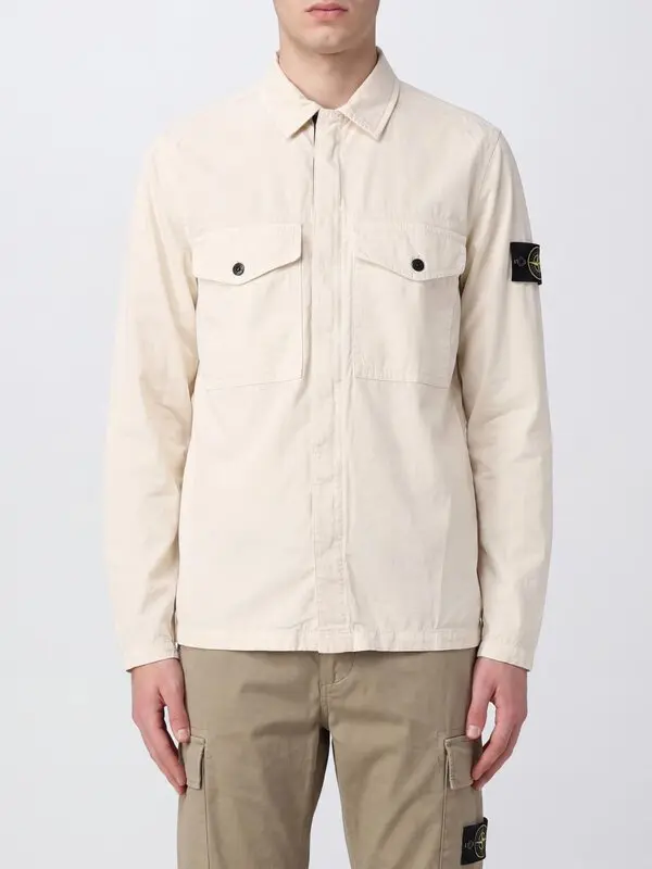 Stone Island Slim Fit Cotton Twill Shirt Jacket With Compass Logo - White