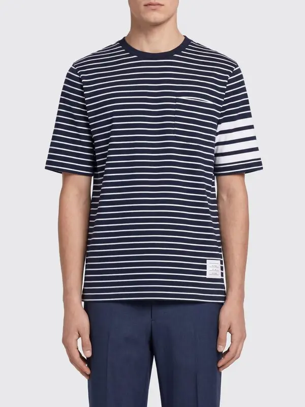 Thom Browne Striped Cotton T-shirt With Pocket And 4-bar Stripes