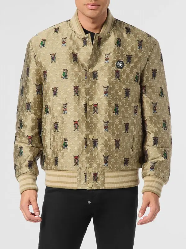 Philipp Plein All-over Hexagon Monogram Print Silk Blend Bomber Jacket - Beige