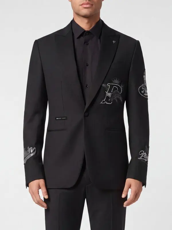 Philipp Plein Single-breasted Wool-blend Blazer With Peak Lapels And Logo Patch - Black