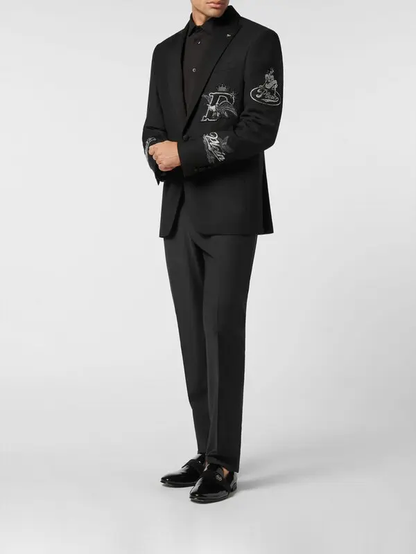 Philipp Plein Single-breasted Wool-blend Blazer With Peak Lapels And Logo Patch
