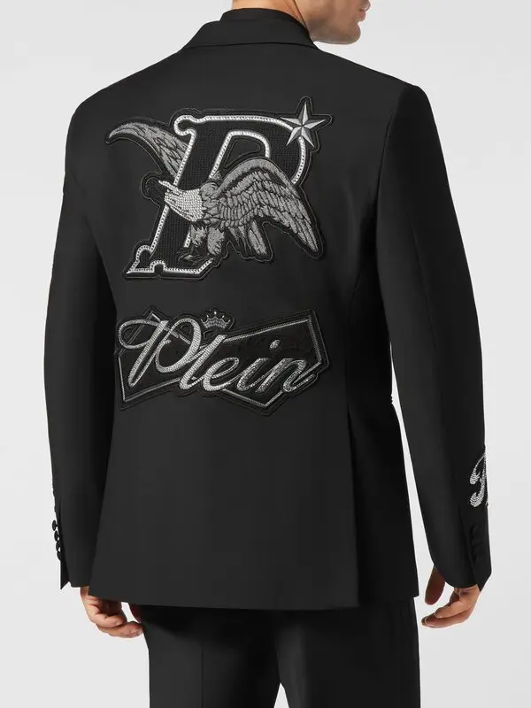 Philipp Plein Single-breasted Wool-blend Blazer With Peak Lapels And Logo Patch