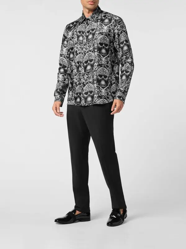 Philipp Plein Slim Fit Silk Shirt With All-over Graphic Skull Print