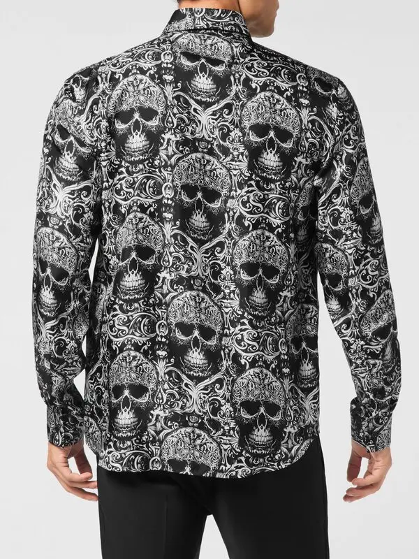 Philipp Plein Slim Fit Silk Shirt With All-over Graphic Skull Print