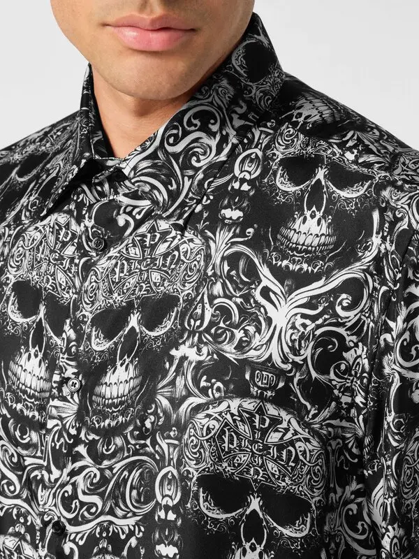 Philipp Plein Slim Fit Silk Shirt With All-over Graphic Skull Print