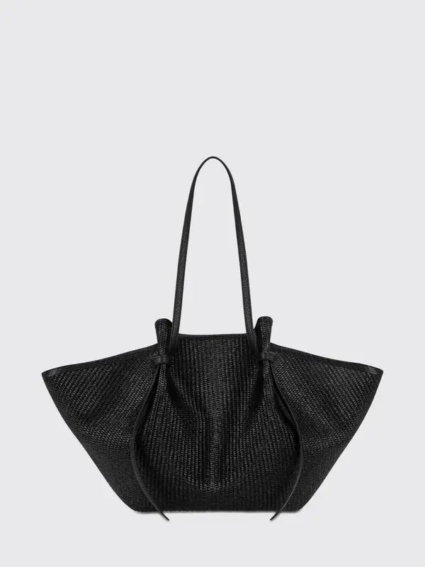 Yuzefi Mochi Shoulder Bag In Raffia With Double Leather Handles - Black